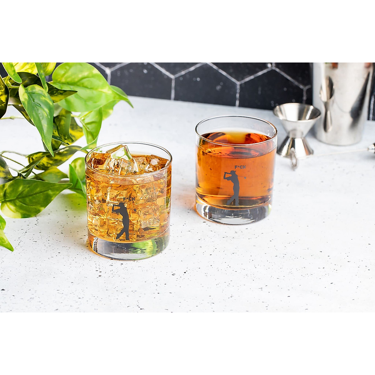 JEM GLASS F*ck Golf Whiskey Glasses - Set of 2 - Black Dishwasher Safe Print - Funny Golf Presents for Men, Women, Dad, Mom, Husband, Wife, Him, Her - 10.25 Ounces Each