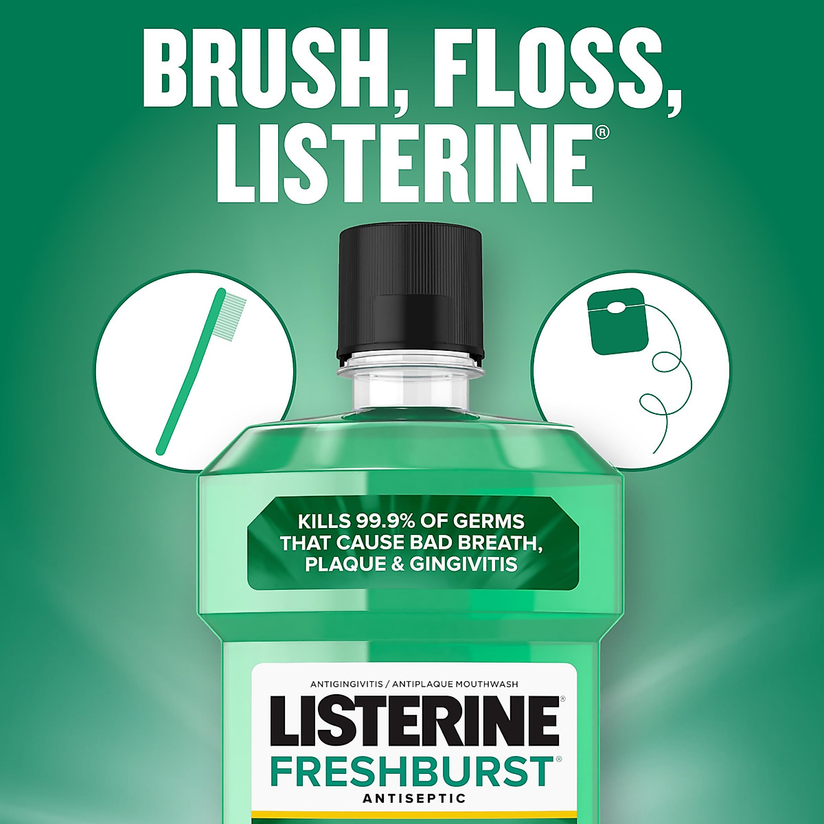 Listerine Freshburst Antiseptic Mouthwash for Bad Breath, Kills 99% of Germs that Cause Bad Breath & Fight Plaque & Gingivitis, ADA Accepted Mouthwash, Spearmint, 1 L