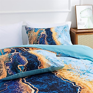 A Nice Night Marble Like Burning Mountain Printed Bedding Set,Retro Style Watercolor Artwork Design,Ultra Soft Comforter Set (Blue, Twin(68-by-88-inches))