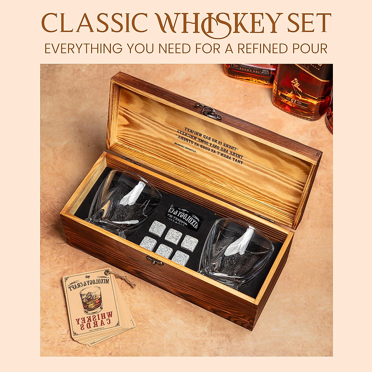 Mixology & Craft Whiskey Stones Gift Set - Pack of 6 Granite Chilling Rocks w/ 2 10 oz Old Fashioned Glasses in Wooden Box - Whiskey Gifts for Men on Birthday, Father's Day or Christmas