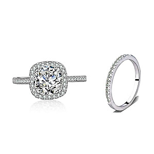 BeFab Cz Bridal Ring Set Accented Round Halo Engagement Ring Matching Half Eternity Wedding Band Size 4-10 (Silver, 5)