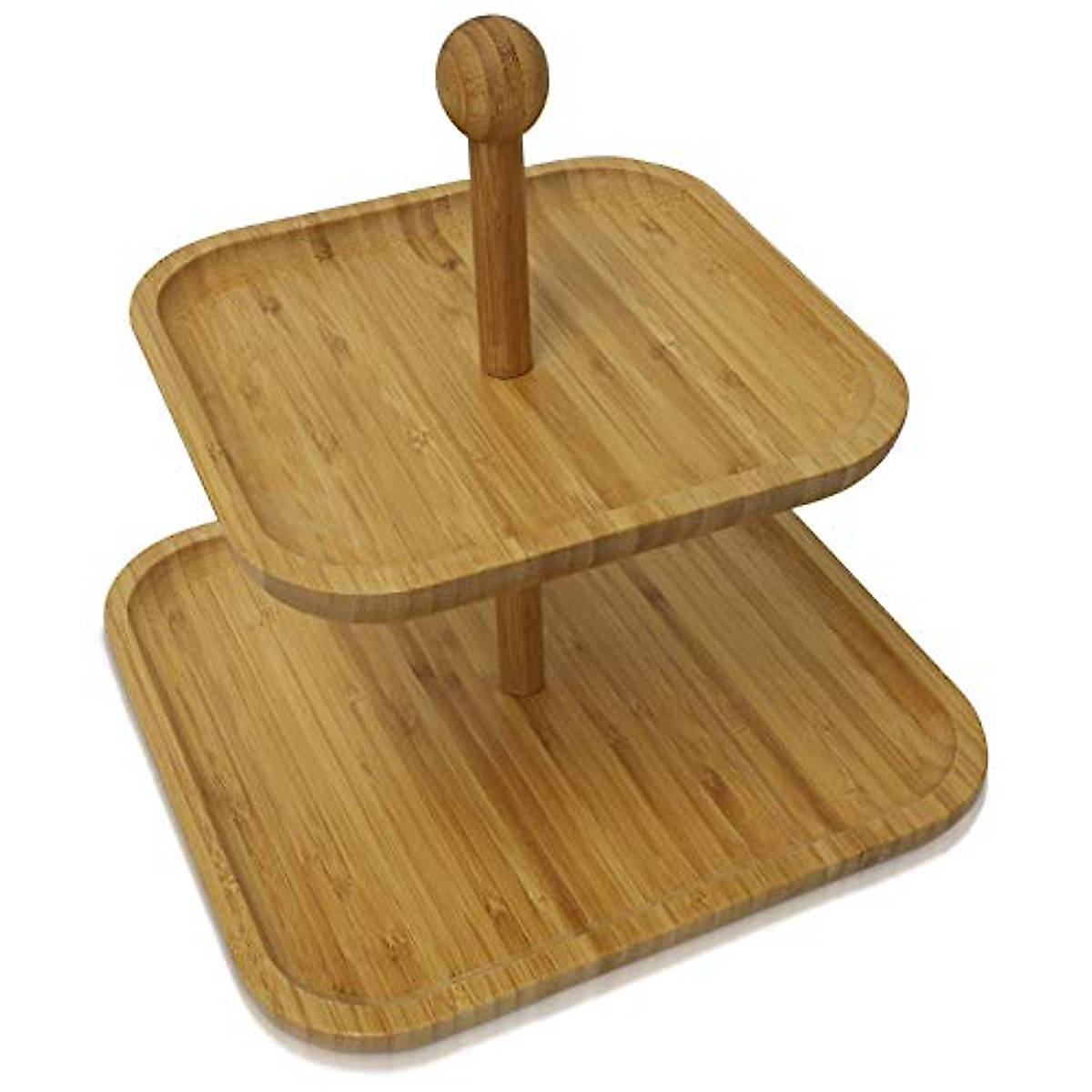 Decorative 2-Tier Square Bamboo Serving Tray with Wooden Handle - Cupcake Stand - Home Decor for Kitchen Counter, Dining Room Table, and Coffee Bar - 9.5" x 9.5" x 10"