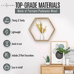 Zen Home Rustic Hexagon Floating Shelves, Set of 3, Honeycomb Shelves, Natural Wood, Kitchen, Bathroom, Living Room Home Decor, Guy Potted Plant, Artificial Hanging Plants, Wall Shelves (Rustic Brown)