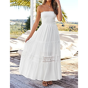ZESICA Women's 2024 Summer Bohemian Strapless Off Shoulder Lace Trim Backless Flowy A Line Beach Long Maxi Dress,White,Small