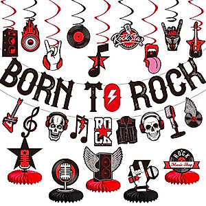 LARRAZABAL 25PCS Rock and Roll Party Decorations Include Born to Rock Glitter Banner, Rock and Roll Hanging Swirls and Honeycomb Centerpieces for Birthday Baby Shower Party Supplies