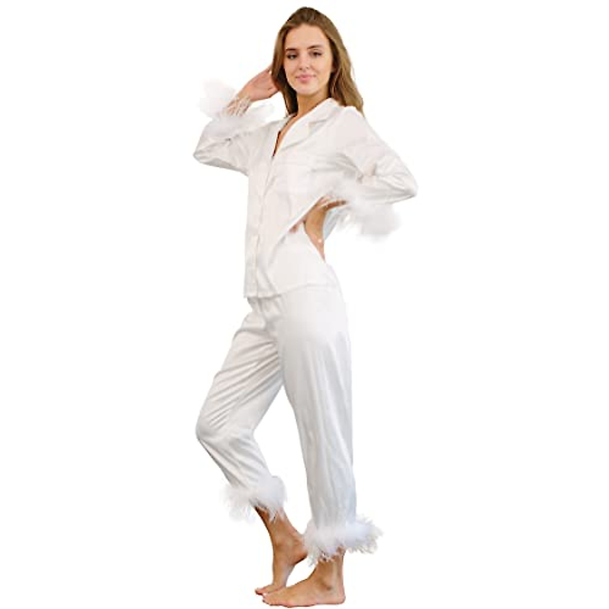 Queens Bridal Feather Trim Pajama Set for Women Satin Silk Long Sleeve Top With Pants Sleepwear Button Down S To XXL (White, Small)