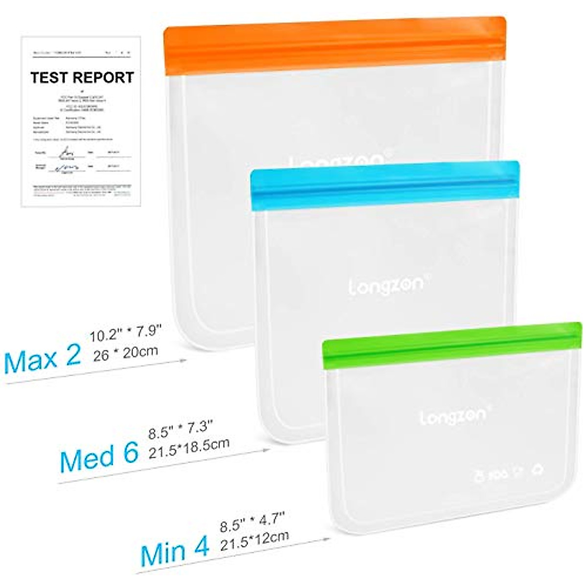 Reusable Storage Bags, longzon【12 Pcs S/M/L】Reusable Sandwich Bags, Reusable Food Ziplock Bags, Small Freezer Large Storage Snack Lunch Plastic Bags, BPA Free, FDA Foodgrade, ecoFriendly Silicone Bags