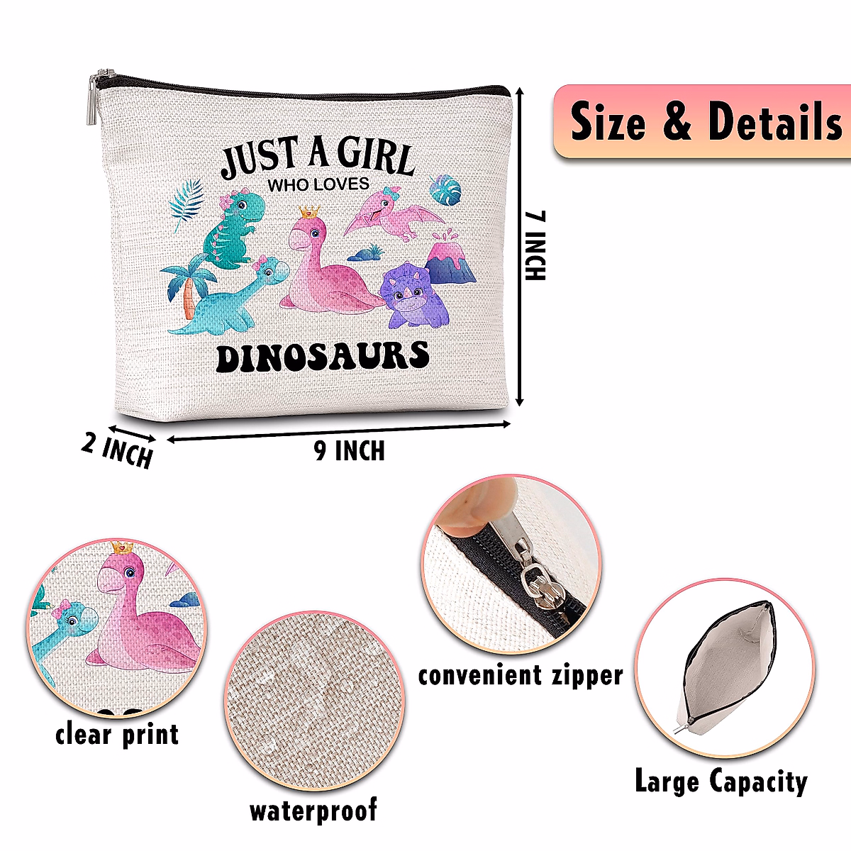 Cute Dinosaur Gifts Makeup Bag, Funny Dinosaur Gifts for Girls Women, Just A Girl Who Loves Dinosaurs, Birthday Christmas Gift for Her Bestie Friends Daughter Sister Animal Lover-A04