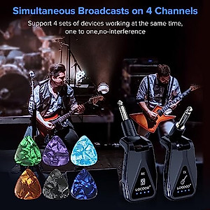 Wireless Guitar System: 164 Feet Range Wireless Transmitter Receiver - UHF 4 Channels Rechargeable Audio, 220° Rotatable Plug Design for Guitar Bass and Electric Instruments.(Black)
