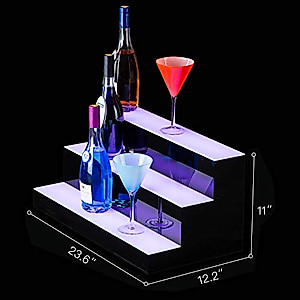 Nurxiovo Liquor Bottle Display Shelf 24 in 3 Step LED Lighted Bar Shelf for Home Commercial Bar, with RF Remote Control Multiple Colors