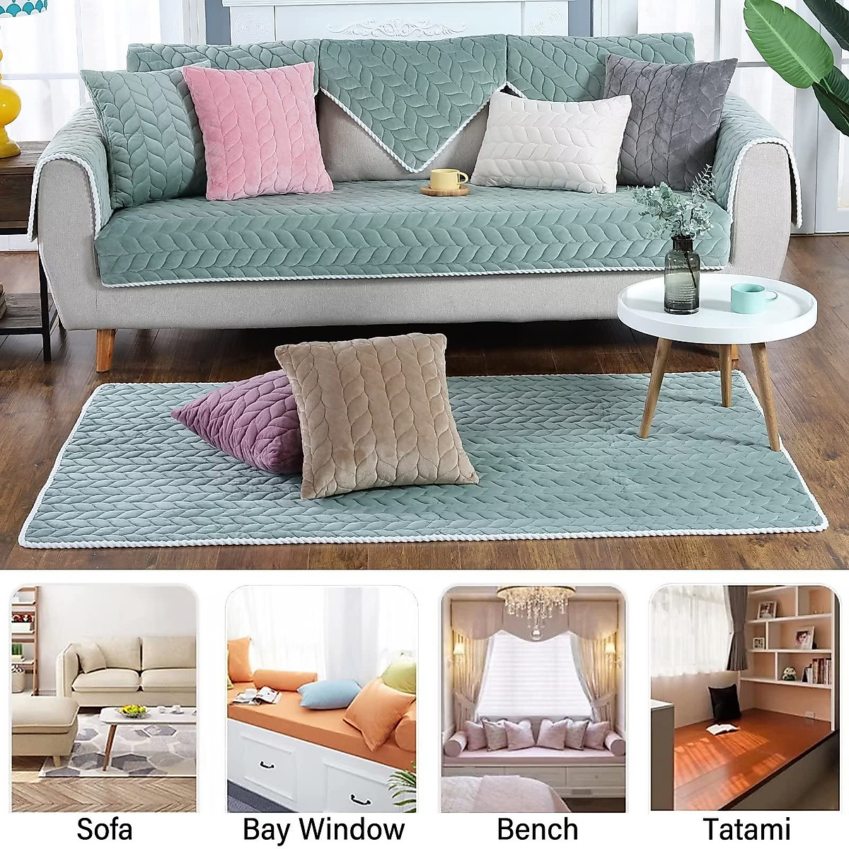 Dxcaicc Bay Window Seat Cushions Indoor Windowsill Pad Non-Slip Crystal Velvet Bench Cushion Living Room Home Decor Green Sill Mat for Tatami Sofa Bedroom 24 x 59 inches