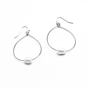 Pomina Lightweight Pearl Hoop Earrings, Gold Teardrop Pearl Dangle Drop Earrings for Women (Rhodium)