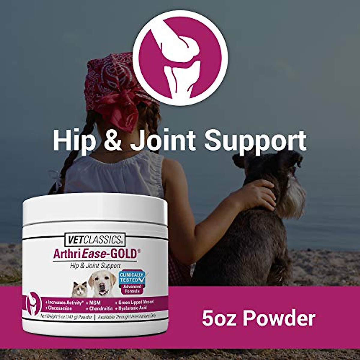 Vet Classics ArthriEase-Gold Hip & Joint Support for Dogs, Cats– Pet Health Supplement Powder – Alleviates Aches, Discomfort – For Flexibility, Healthy Joint Function – Antioxidants – 5 Oz