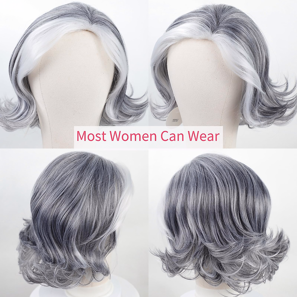 RENERSHOW Mid-length Grey Wavy Bob Wigs for Women Short Gray Curly Wig Synthetic Salt and Pepper Wigs Average Size Realistic Natural Daily Party Wigs for Older Women with Silver White Bangs(10-12inch)
