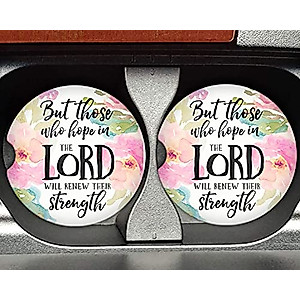 But Those Who Hope in The Lord Will Renew Their Strength - Christian Ceramic Car Coasters - Religious Gifts for Her (Pink Floral)