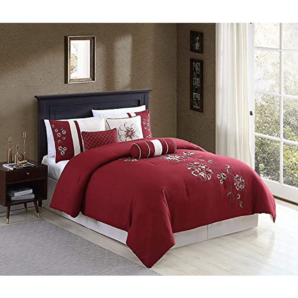 Chezmoi Collection Miranda 7-Piece Red Beige Floral Hibiscus Embroidery Comforter Set, California King