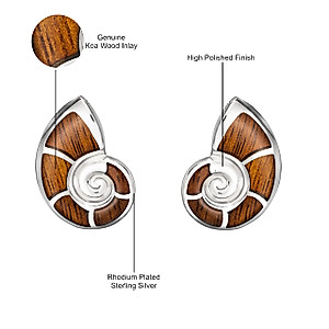 925 Sterling Silver Hawaiian Koa Wood Inlay Nautilus Sea Shell Stud Earrings, Hawaii Ocean Jewelry, Nickle Free Hypoallergenic for Sensitive Skin