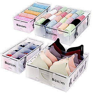 bonim Foldable Underwear Drawer Organizer Plastic Closet Storage Box for Bra, Lingerie, Undies, Waterproof Baskets Bins Containers Divider for Bedroom, Bathroom, Kitchen(4 Pcs, White)