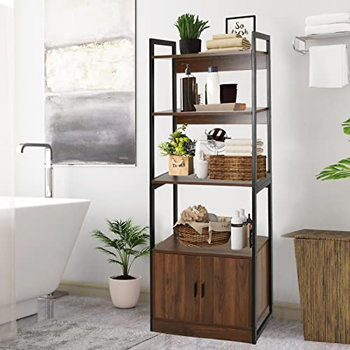 Babion 4-Tier Bookshelf, Industrial Bookshelf and Bookcase with 2 Doors, Standing Storage Cabinet, Bookshelf Display Shelf, Wood and Metal Storage Shelf for Bedroom, Home Office, Entryway, Brown