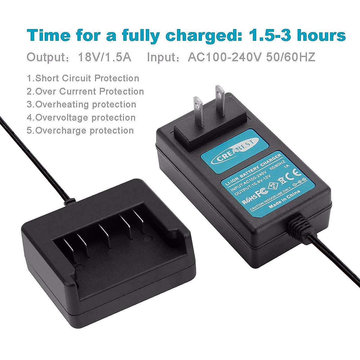 Creabest 18-Volt Lithium-Ion Battery Charger for Bosch BAT609 BAT622 BAT620 BAT609G BAT618 BAT618G BAT619 BAT619G BAT610G Slide-in Style Battery