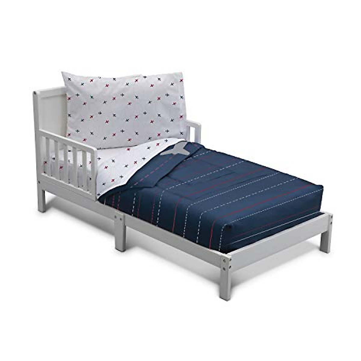 Delta Children 4 Piece Toddler Bedding Set for Boys - Reversible 2-in-1 Comforter - Includes Fitted Comforter to Keep Little Ones Snug, Bottom Sheet, Top Sheet, Pillow Case - Airplane Flight Plan