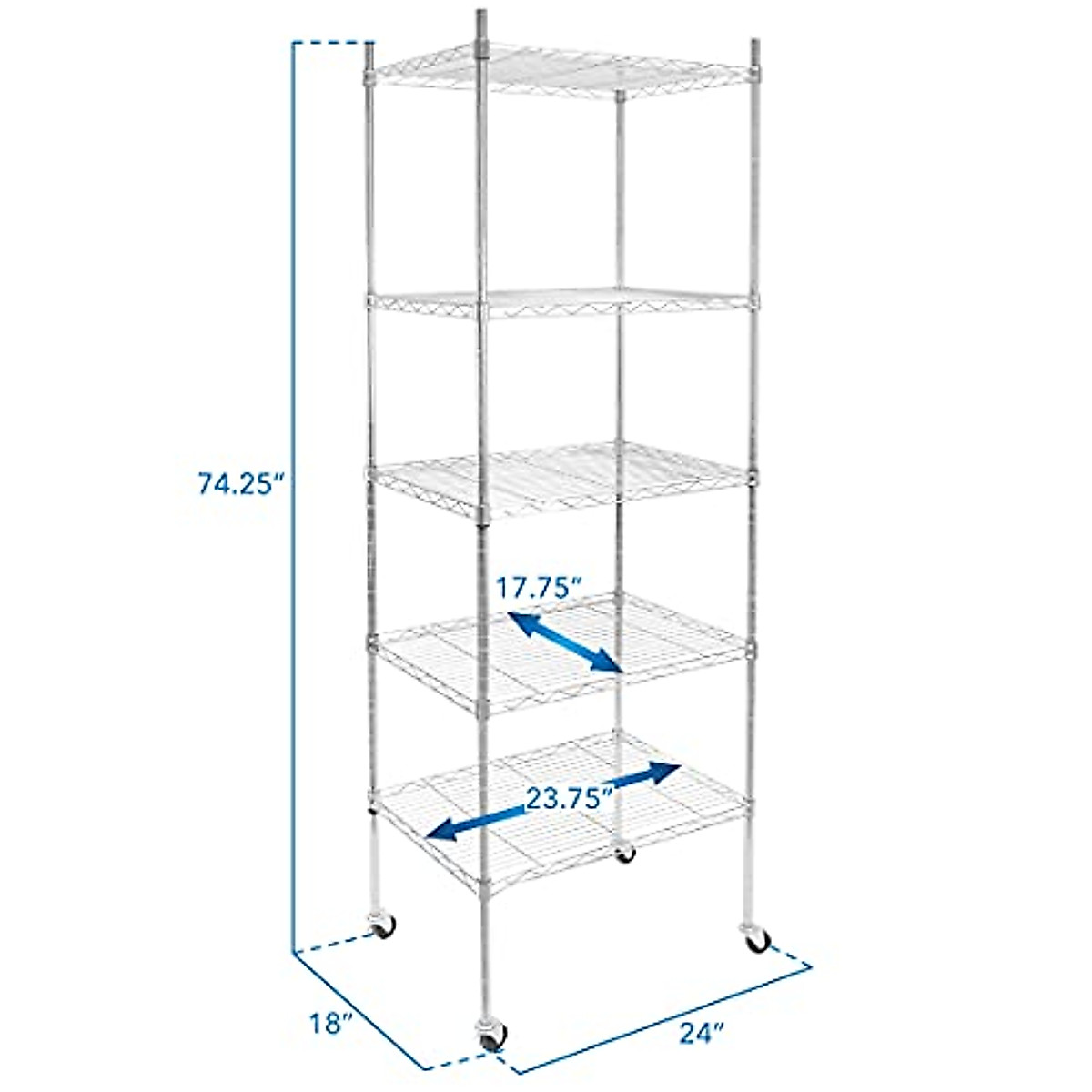Mount-It! 5 Tier Wire Shelving with Wheels | - Rolling Garage Shelves, Closet Metal Racks with Shelves and Shelving or Utility Shelf for Laundry Room | Adjustable Shelf Height | No Tools Required