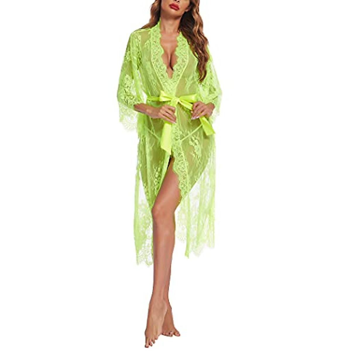 Avidlove Women Sexy Long Lace Lingerie Kimono Robe Sheer Babydoll Nightgown Nightdress Lemon Yellow