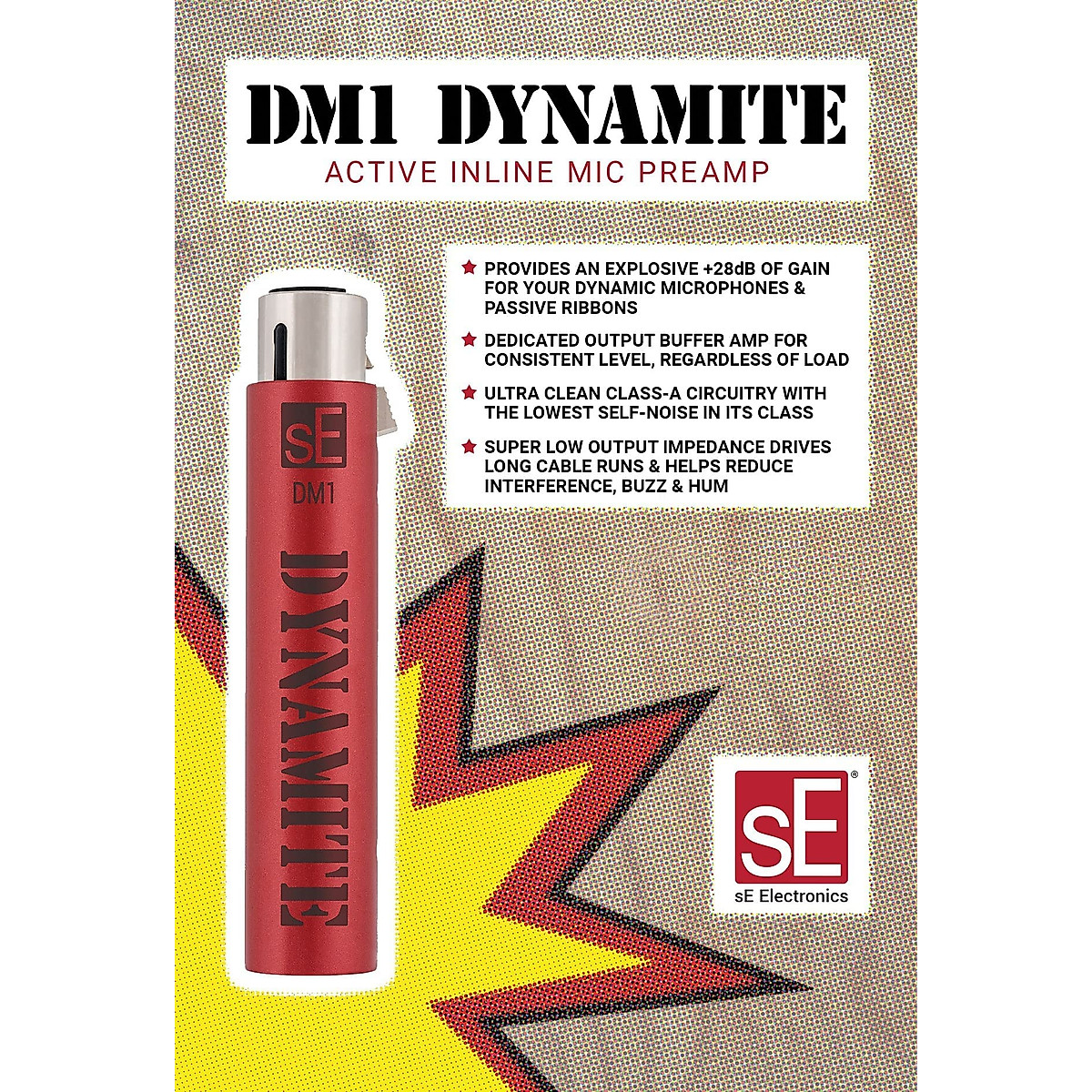 sE Electronics DM1 Dynamite Active In-line Microphone Preamp with 28dB Gain Bundle with 2 20-FT XLR Microphone Cables and 7-Pack Cable Ties