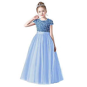Party Wear Gown for Kids Junior Bridesmaid Dresses Baby Blue Puffy Tulle Sequins Dress Girls Birthday Party Gown Baby Blue 8