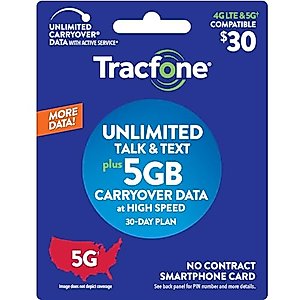Tracfone $30 Unlimited Talk and Text Plus 5GB of Data / 30 Days (Physical Delivery)