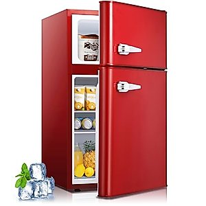 Kismile Mini fridge with freezer,3.2 Cu.Ft Compact Mini Refrigerator with Double 2 door,Adjustable Temperature,Full Size for Home,Kitchen,Dorm,Apartment,Retro Red