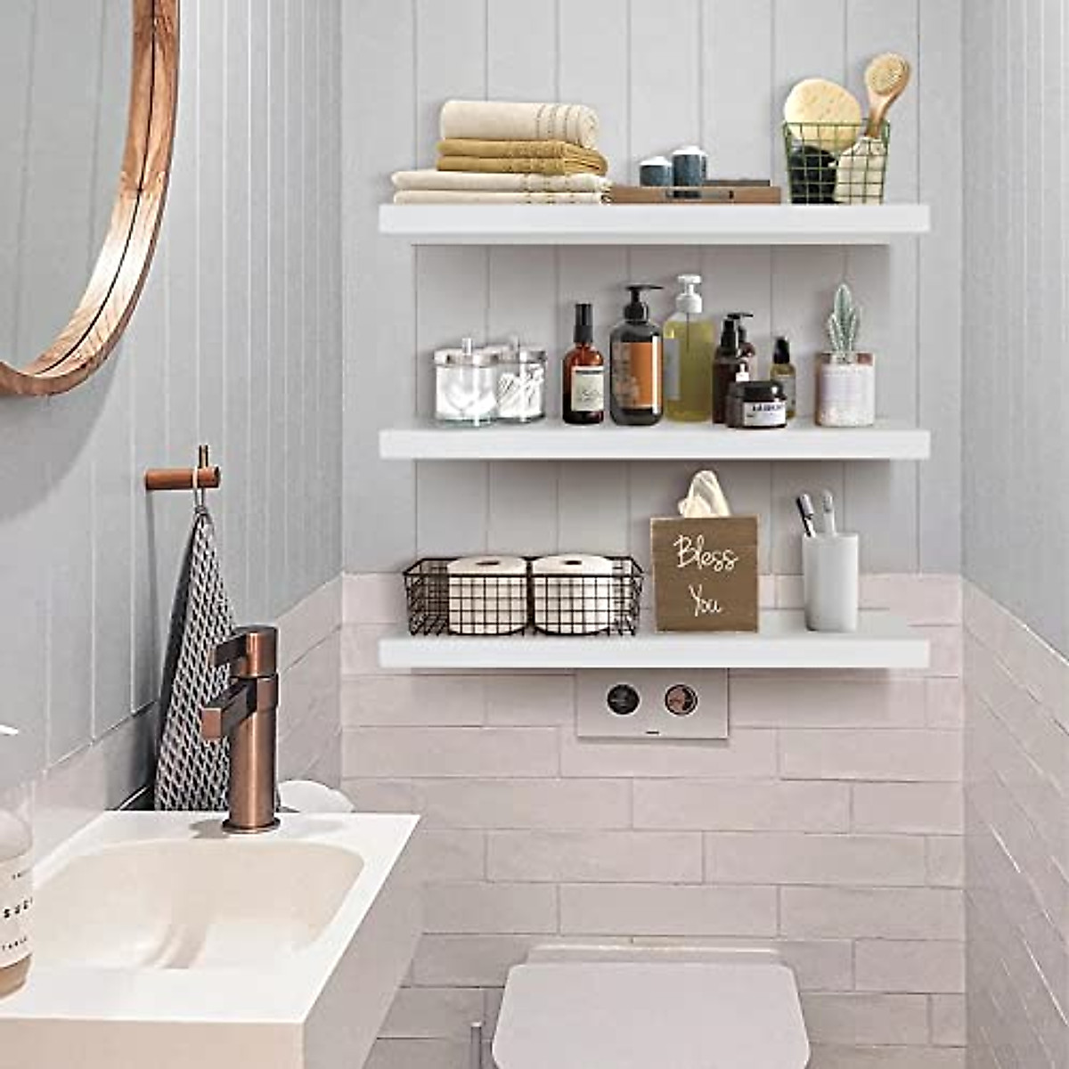 YARUKIMA White Floating Shelves Wall Mounted Set of 3,Wood Storage Shlef for Wall,Space Saving Wall Shelf for Bathroom Bedroom Kitchen Storage Rack with Invisible Brackets.