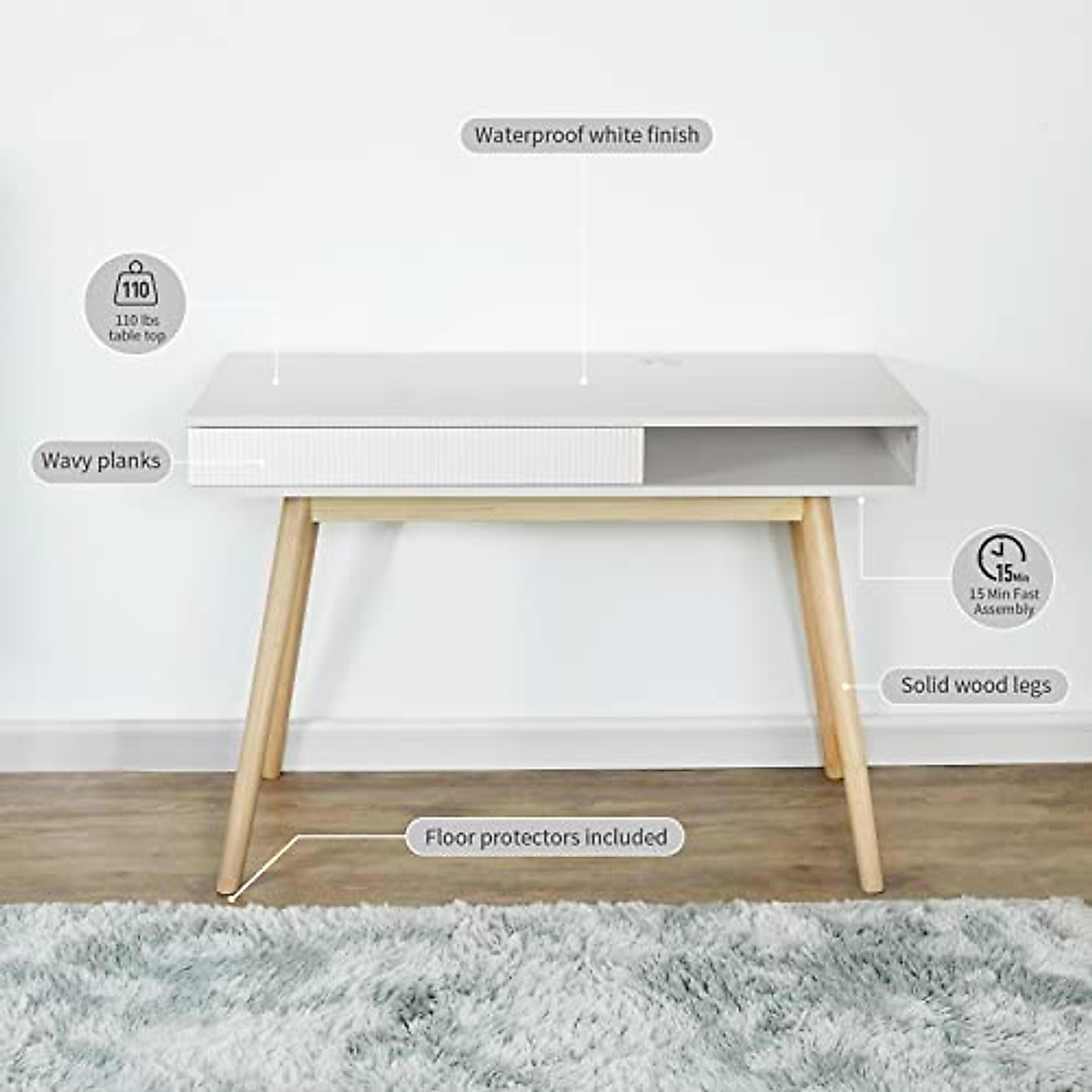 White Desk Mid Century Modern Desk Wooden Desk with Drawer Small Office Desk Mid Century Computer Desk White Makeup Table, by Artswish