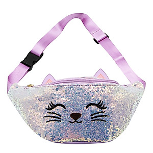 Waist Bag Glitter Sequin Girls Fanny Pack Adjustable Belt Cute Cat Sport Travel Bum Purse for Kids Teens