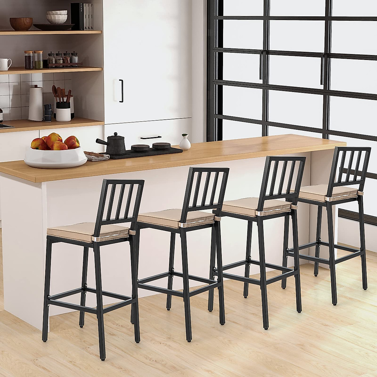 COSTWAY 4 PCS Patio Bar Chairs, Heavy-Duty Metal Frame Bar Stools, Indoor Outdoor All-Weather Resistant Barstools with Detachable Cushion & Footrest, for Patio, Garden, Poolside (4)