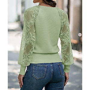 MEROKEETY 2024 Long Sleeve V Neck Lace Sweaters for Women Casual Ribbed Knit Pullover Tops Green