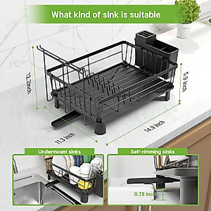 Dish Drying Rack - Stainless Steel Dish Rack for Kitchen Counter, Dish Drainer with Utensil Holder, Space-Saving, Rust-Resistant Dish Rack for Dishes, Glasses, and Cutting Board, 12''W x 15''L, Black