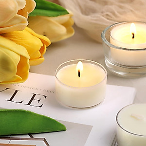 Simeitol 100 Pcs Soy Wax Tealight Candles (6 Hour Burn Time) White Unscented Votive Candles, Smokeless & Extended Burn Time Clear Cup Tea Lights for Weddings, Home, Emergencies