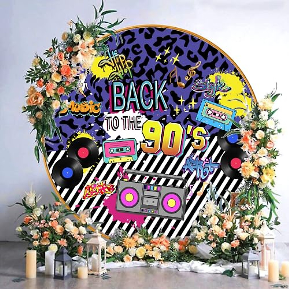 AWERT Polyester Diameter 7ft Round Back to The 90's Backdrop Retro Colorful Graffiti Hip Hop Old Radio Black White Stripes Photo Background 90's Theme Birthday Party Discos Ball Decoration
