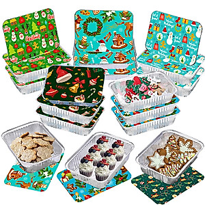 HABDJILTY 30 Christmas Tin Foil Containers with Lid Covers For Cookies Christmas Treat Foil Containers Aluminum Treat Exchange & Goody Party Leftovers for Holiday Festival Christmas