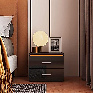 HIGOH Bedside Table LED Lights Nightstand Coffee Coffee Table with 2 Drawers Storage Cabinet Nightstand Bedroom Furniture (Color : Black)