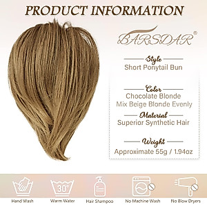 BARSDAR Brown Hair Bun Ponytail Extension, Straight Synthetic Hair Bun Hairpiece For Women, Fully Short Ponytail Bun Extensions Elastic Hair Bun Scrunchies Girls Daily - Light Golden Brown