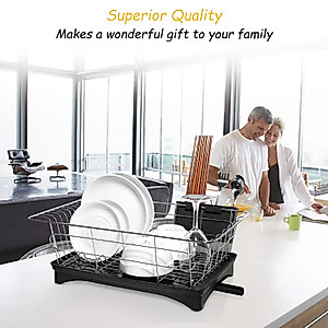 DOUBLE 2 C Dish Drying Rack, Stainless Steel Dish Drainer for Kitchen, Small Dish Drainer Rack for Kitchen Counter, Set of Rustproof Dish Rack and Drainboard (Black)