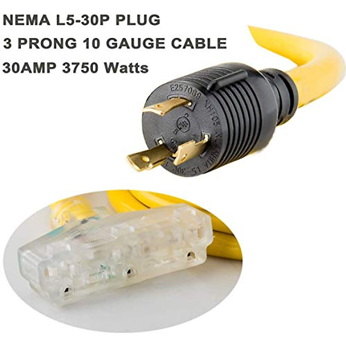 Yodotek 25FT Heavy Duty Generator Extension Cord，NEMA L5-30P/Three 5-15R, 3 Prong 10 Gauge Flexible Generator Cable, Generator Power Cord,30Amp 3750 Watts Yodotek