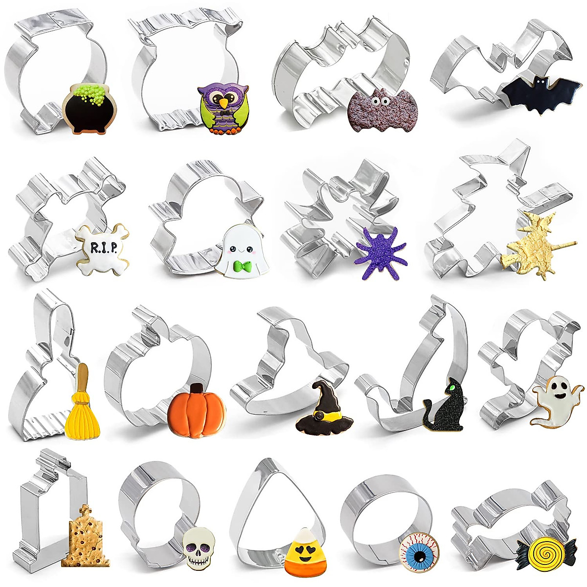 18PCS Halloween Cookie Cutters - Pumpkin,Witch,Bat,Ghost,Cat,Tombstone,Spider, Skull,Candy Corn, Owl,Hat,Cauldron,Broom Party Supplies