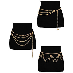 3 Pieces Belly Waist Chain Multi Layer Metal Waist Chain Body Summer Beach Chain for Women and Girls (Tassel Style)