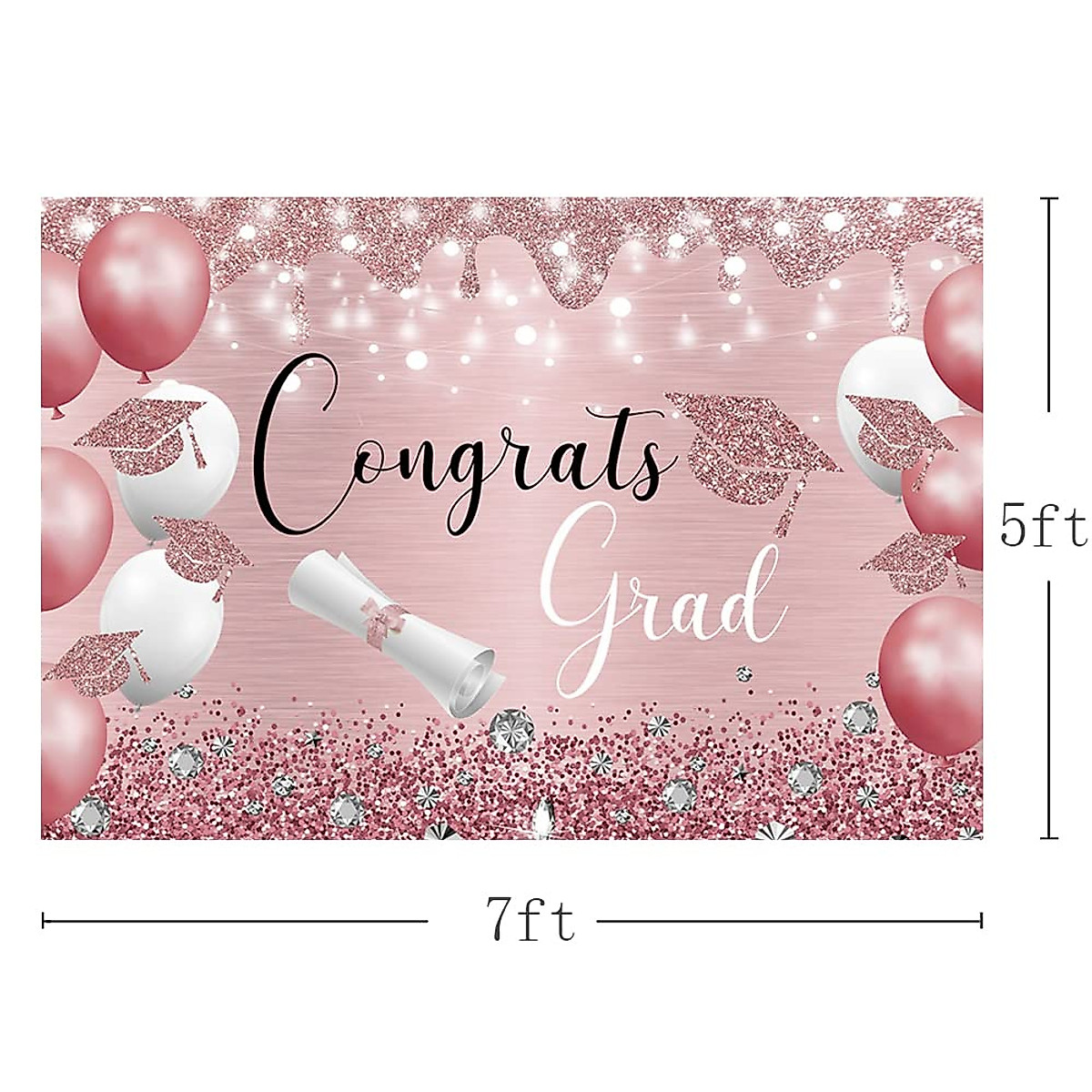 MEHOFOND 7x5ft Rose Gold Congrats Grad Backdrop Graduation Decorations Class of 2024 Ceremony Banner Pink and White Balloons Prom Supplies Photography Studio Props