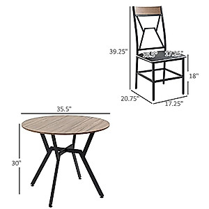 HOMCOM Industrial Dining Table Set for 4, Space-Saving 5 Piece Kitchen Table and Chairs with Round Table, Padded Seat and Steel Frame, Brown