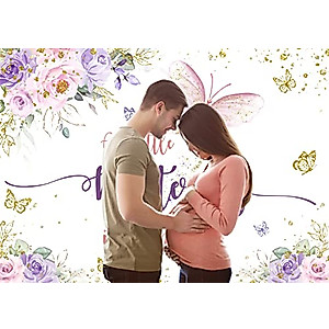 Aperturee 7x5ft Butterfly Baby Shower Backdrop A Little Butterfly is on The Way Photo Purple and Pink Floral Gold Spots Flowers Photography Background Princess Girl Party Decoration Banner Photo Booth