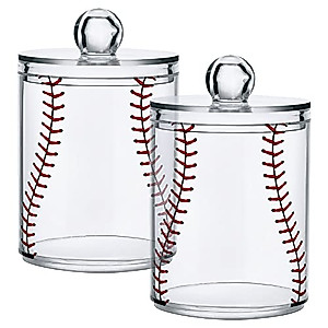 Gredecor 4 Pack Apothecary Jars Baseball Softball Red Lace Qtip Holder Organizer Clear Airtight Canister for Cotton Swabs Storage Acrylic Plastic Jar with Lids